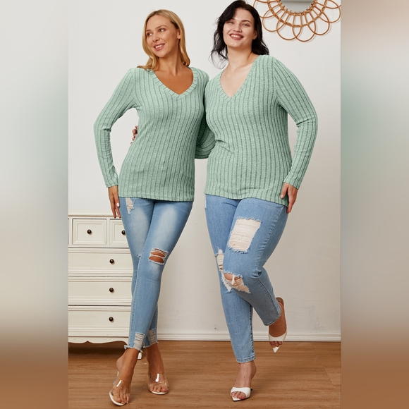 Basic Bae | Tops | Basic Bae Full Size Ribbed Vneck Long Sleeve Tshirt ...